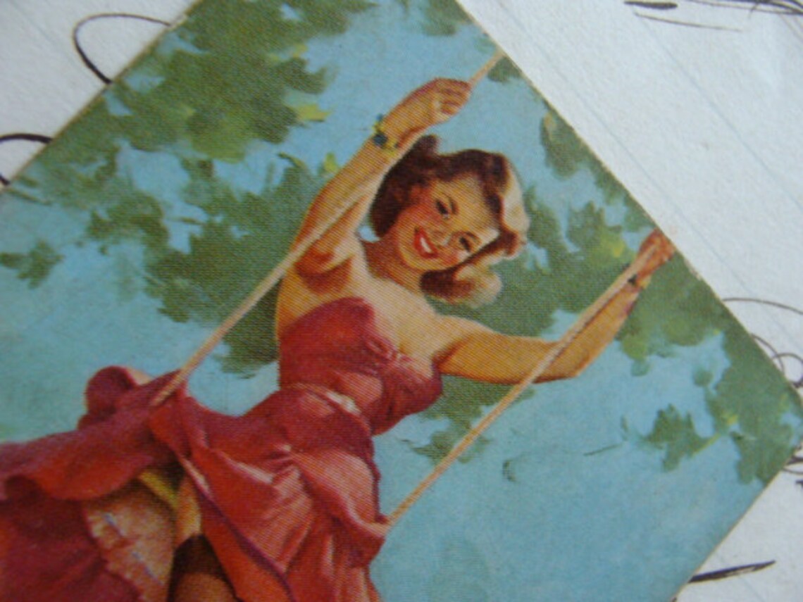 Vintage Swinging Pin up Lady in Red Dress Antique Cards Floozie Should ...