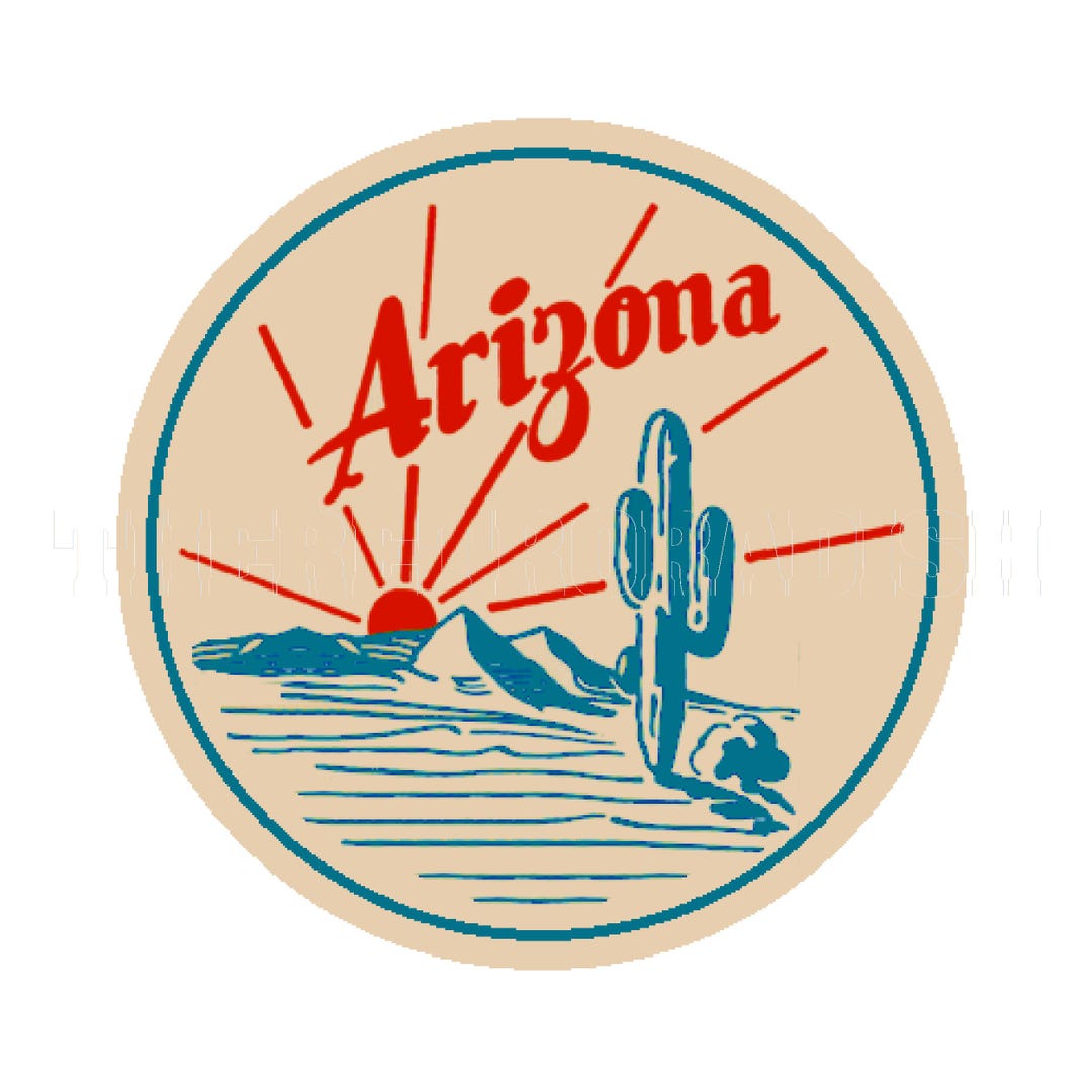 1930s AZ State Arizona Sun Rays Desert Dunes and Cactus Arizona Sticker ...