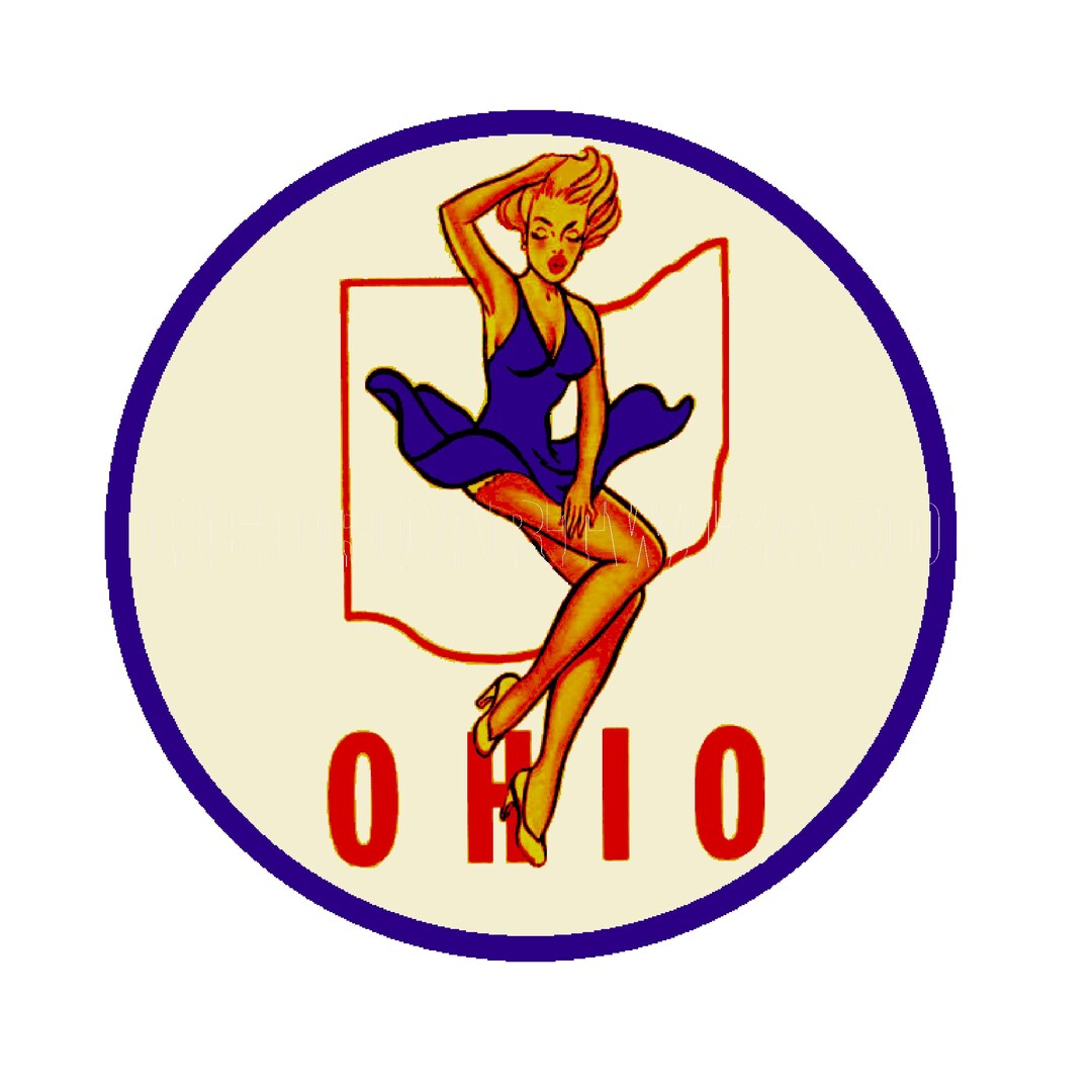 1950s OH State Pinup Girl Blonde in Little Blue Dress Ohio Sticker ...