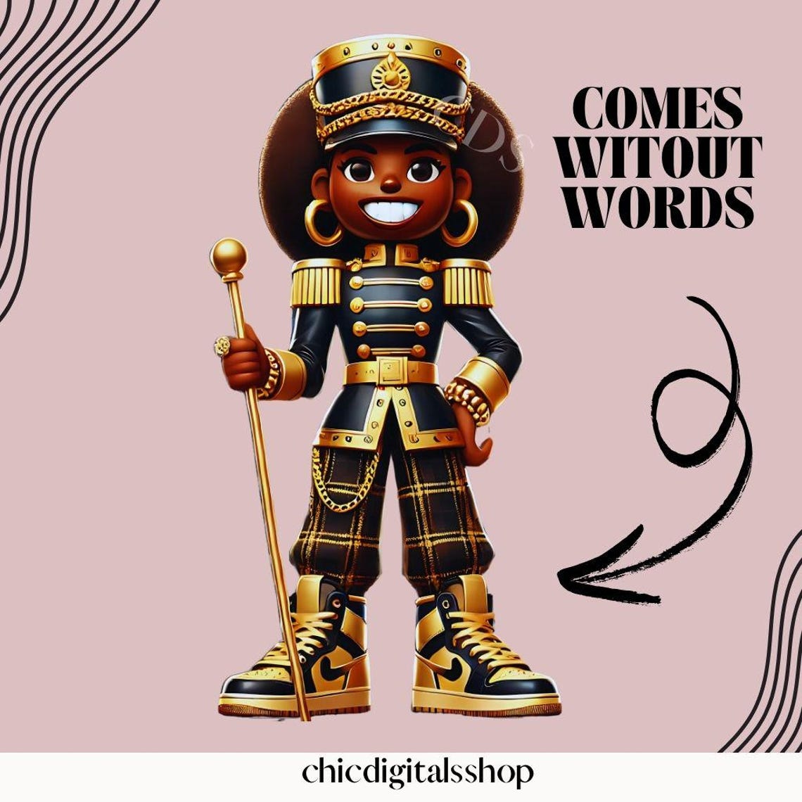 Female Black Nutcracker, Gold Hip Hop Nutcracker PNG | Afrocentric Cool ...