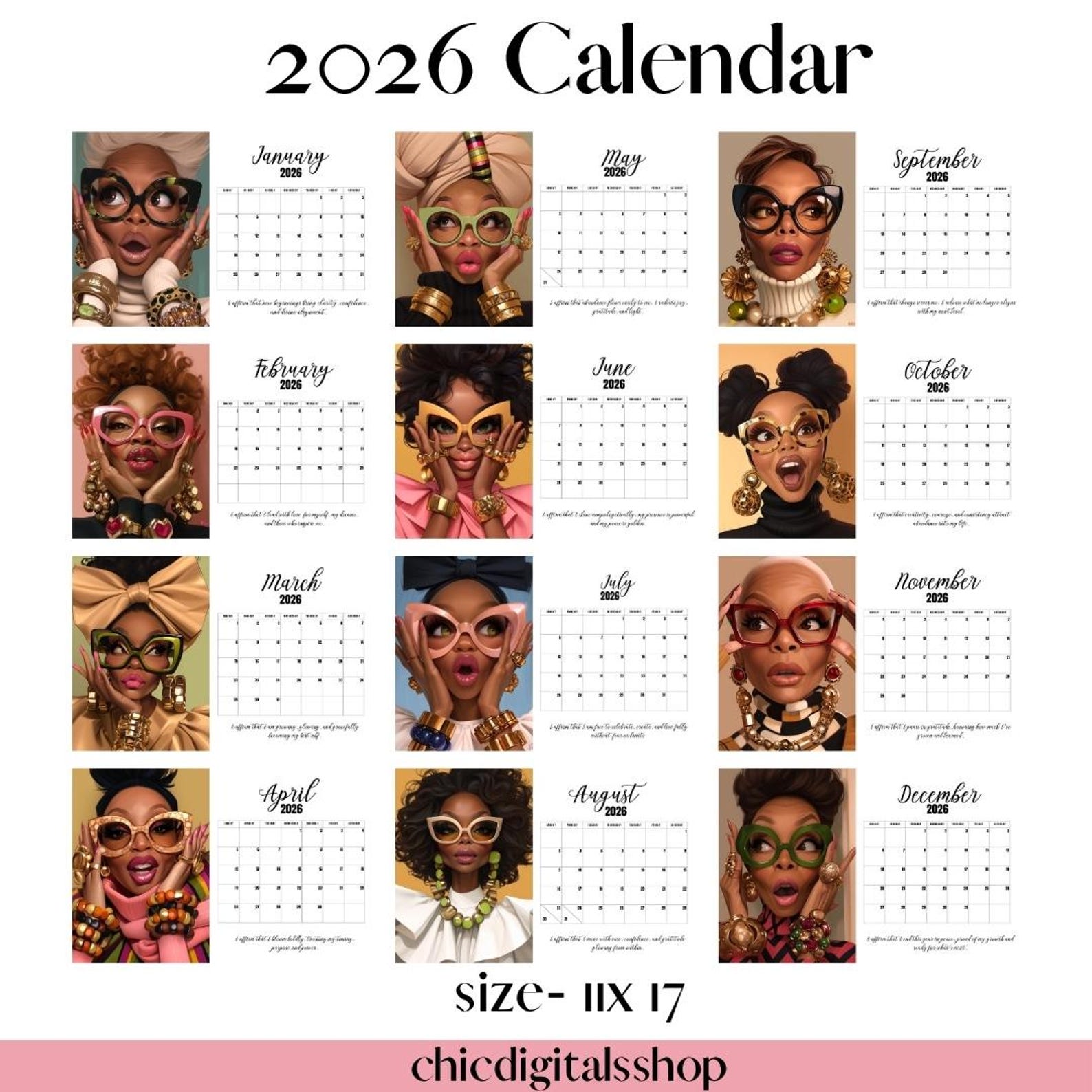 2026 Afro Glam Calendar | Black Women Art, Affirmations (digital ...