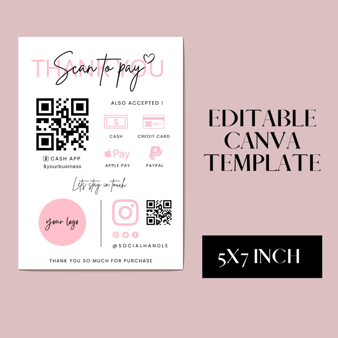 Editable Scan to Pay Thank You Card Template (digital) - Etsy