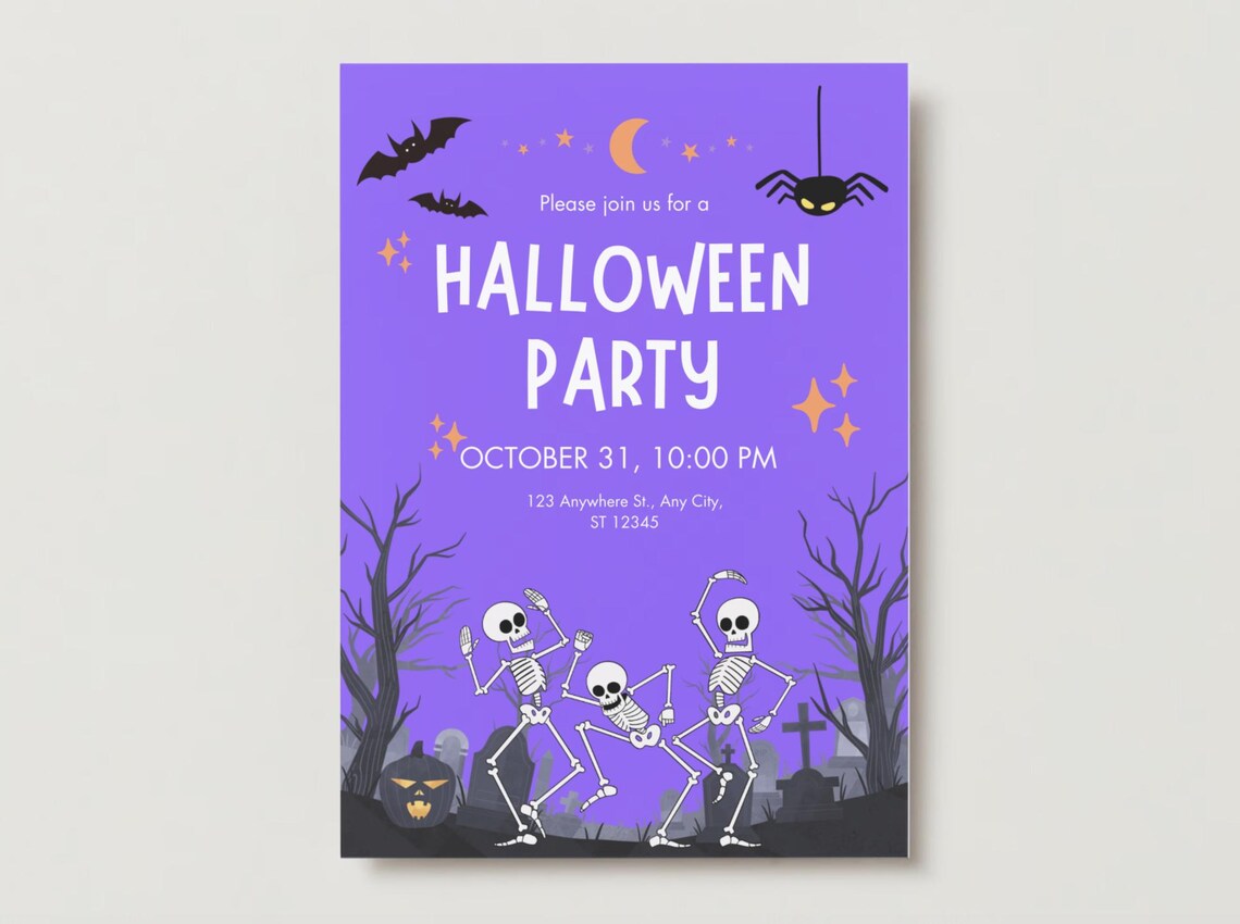 Editable Dancing Skeletons Halloween Party Invitation Purple Background ...