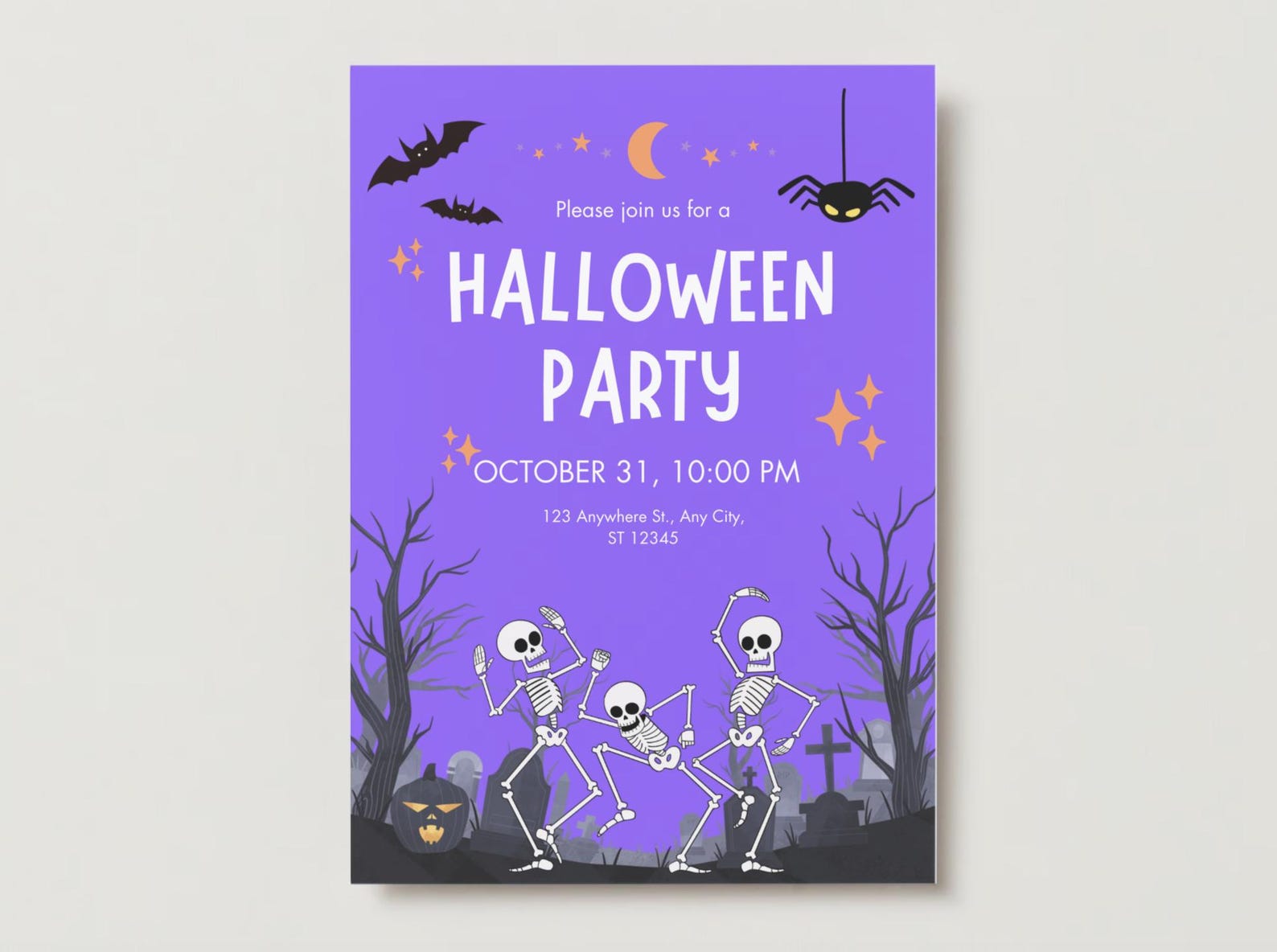 Editable Dancing Skeletons Halloween Party Invitation Purple Background ...