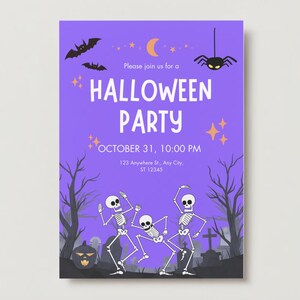 Editable Dancing Skeletons Halloween Party Invitation Purple Background ...