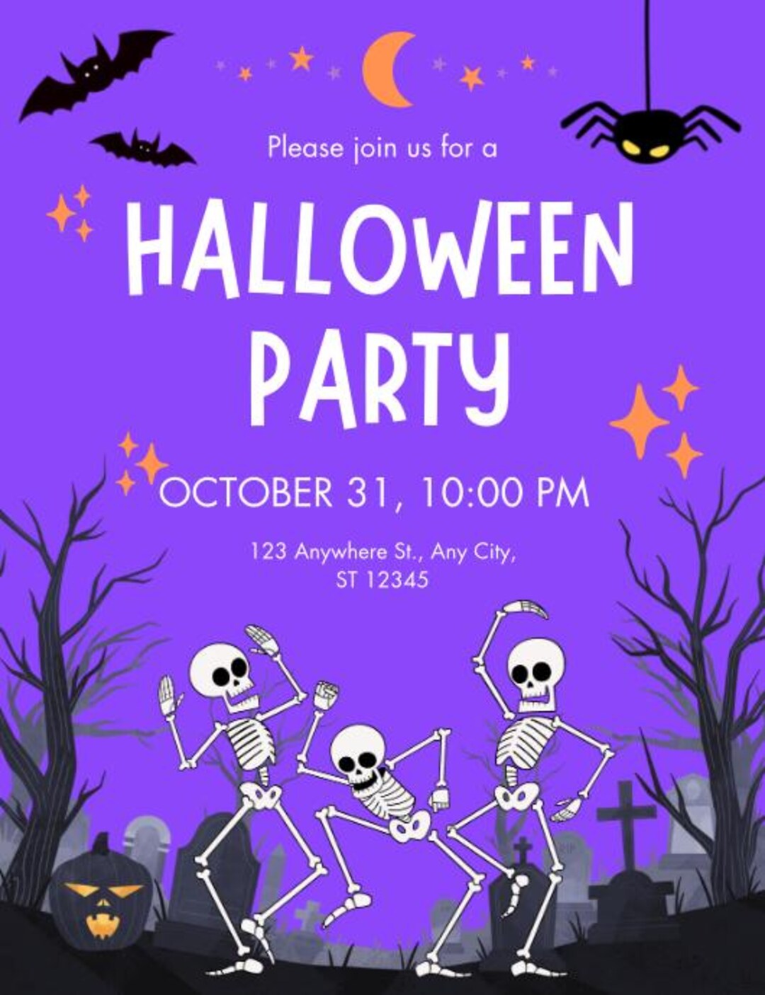 Editable Dancing Skeletons Halloween Party Invitation Purple Background ...