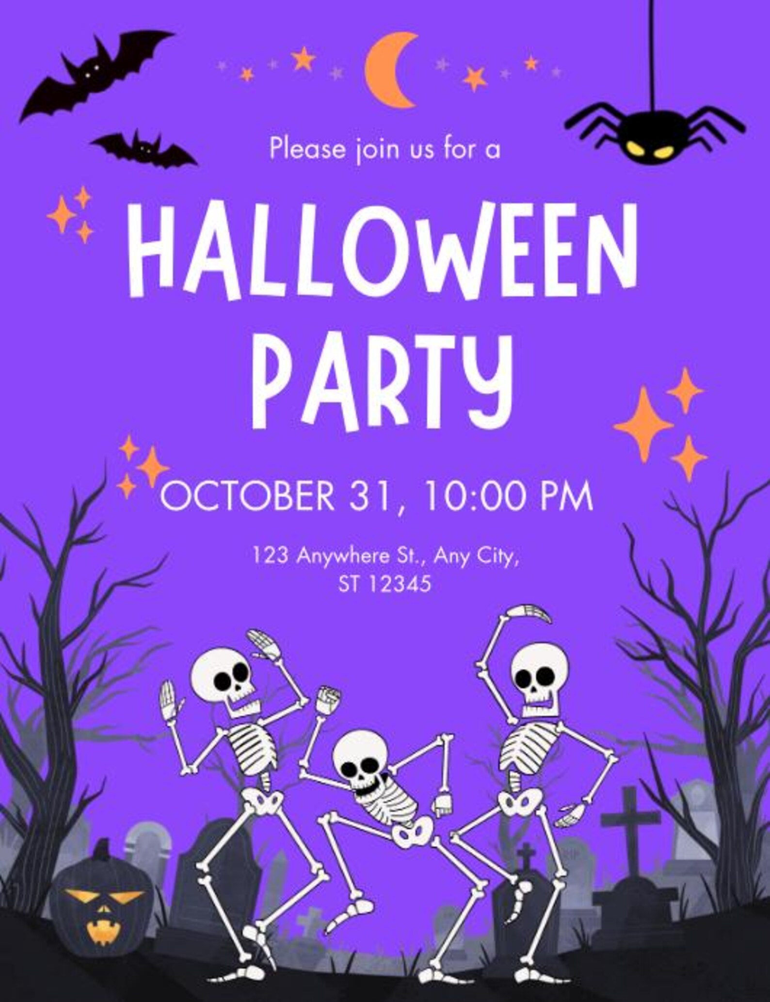 Editable Dancing Skeletons Halloween Party Invitation Purple Background ...