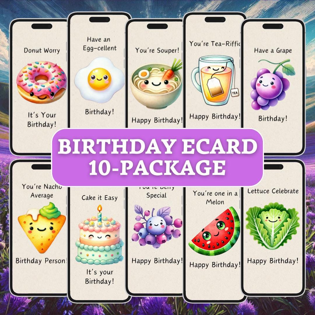 Birthday Ecards Food Bundle 10-pac, Instant Download, Cute Food-themed ...