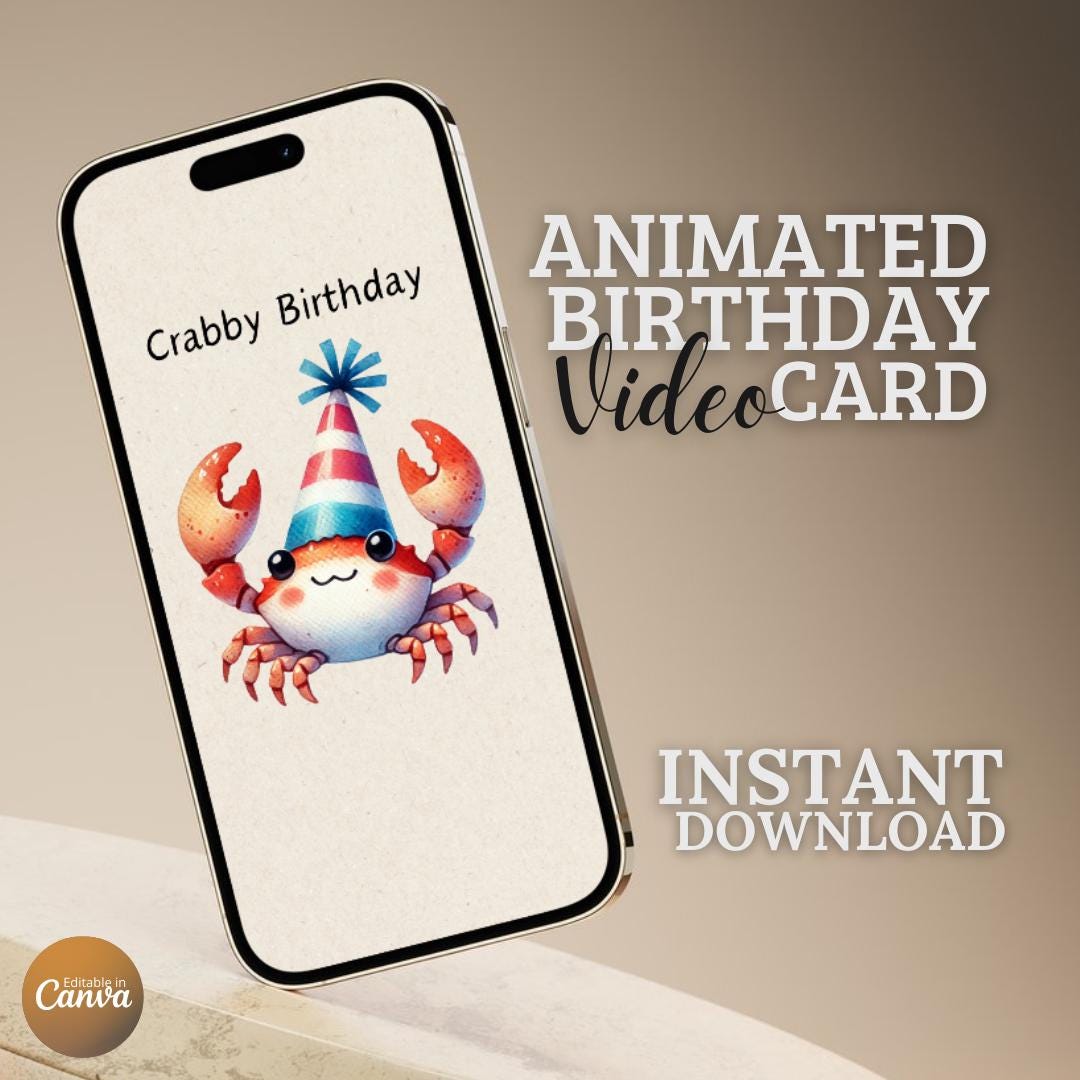 Crabby Birthday Crab Ecard, Instant Download, Cute Crab With Party Hat ...