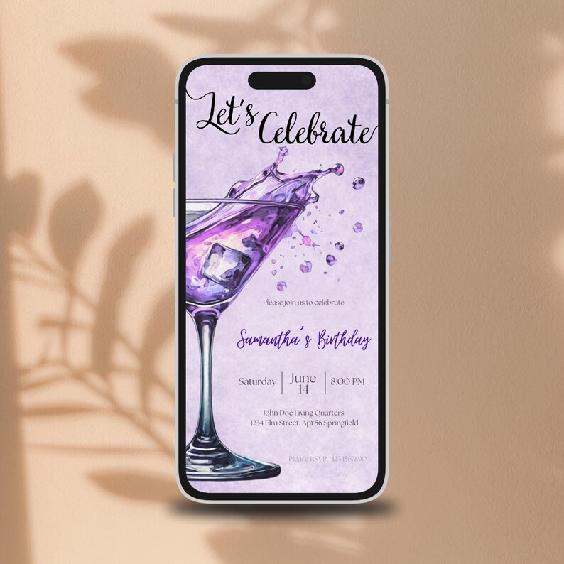 Lets Celebrate Purple Cocktail Invite, Editable Digital Birthday ...