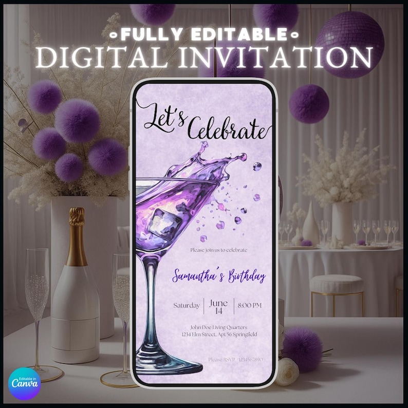 Lets Celebrate Purple Cocktail Invite, Editable Digital Birthday ...