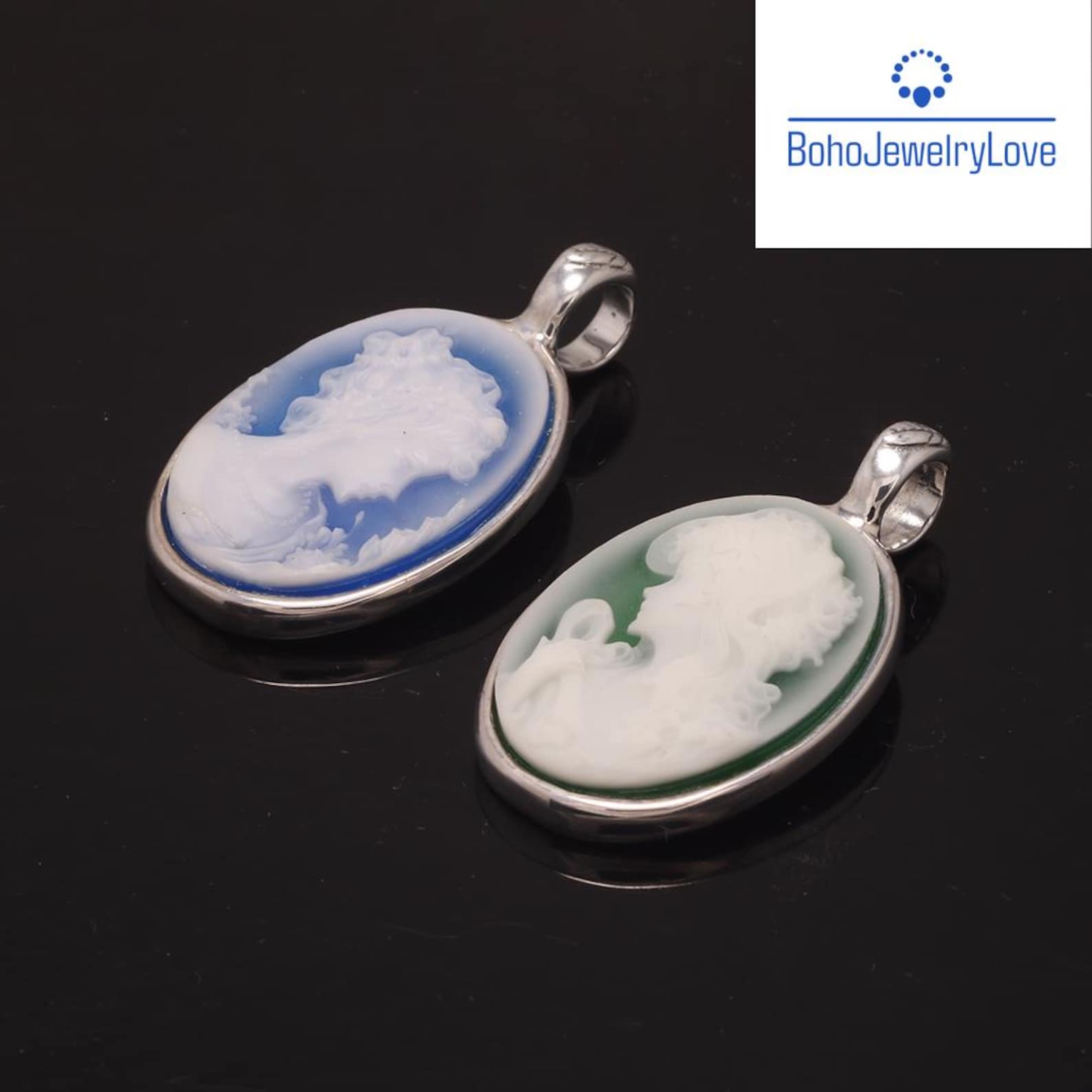 Sterling Silver Blue Agate Cameo Pendant Necklace | Vintage Style Oval ...