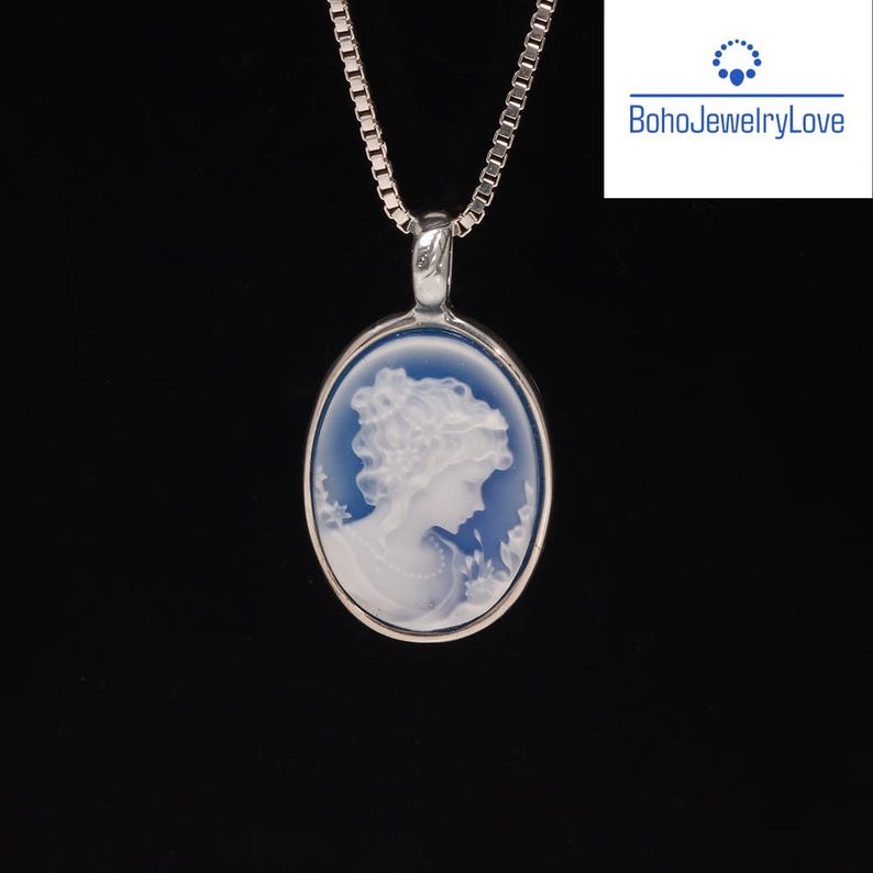 Sterling Silver Blue Agate Cameo Pendant Necklace | Vintage Style Oval ...