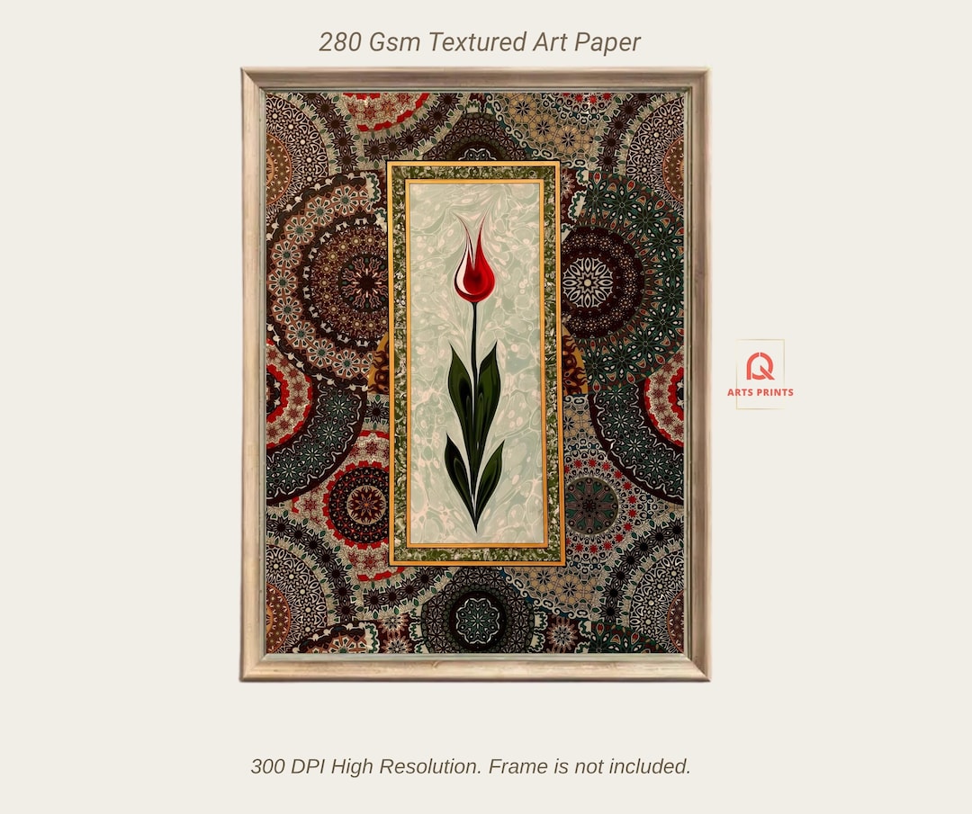 Turkish Tulip Ebru Art Print, Ottoman Floral Wall Decor, Islamic ...