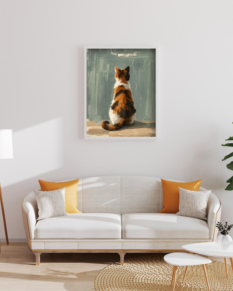 Calico Cat Wall Art Print, Minimalist Oil Painting, Cozy Cat Artwork ...