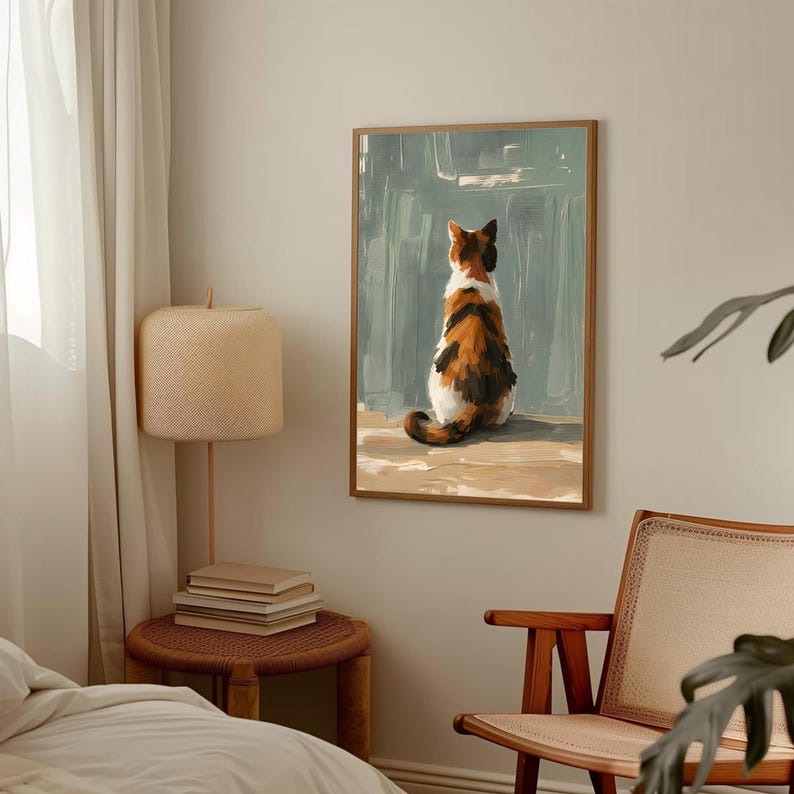 Calico Cat Wall Art Print, Minimalist Oil Painting, Cozy Cat Artwork ...