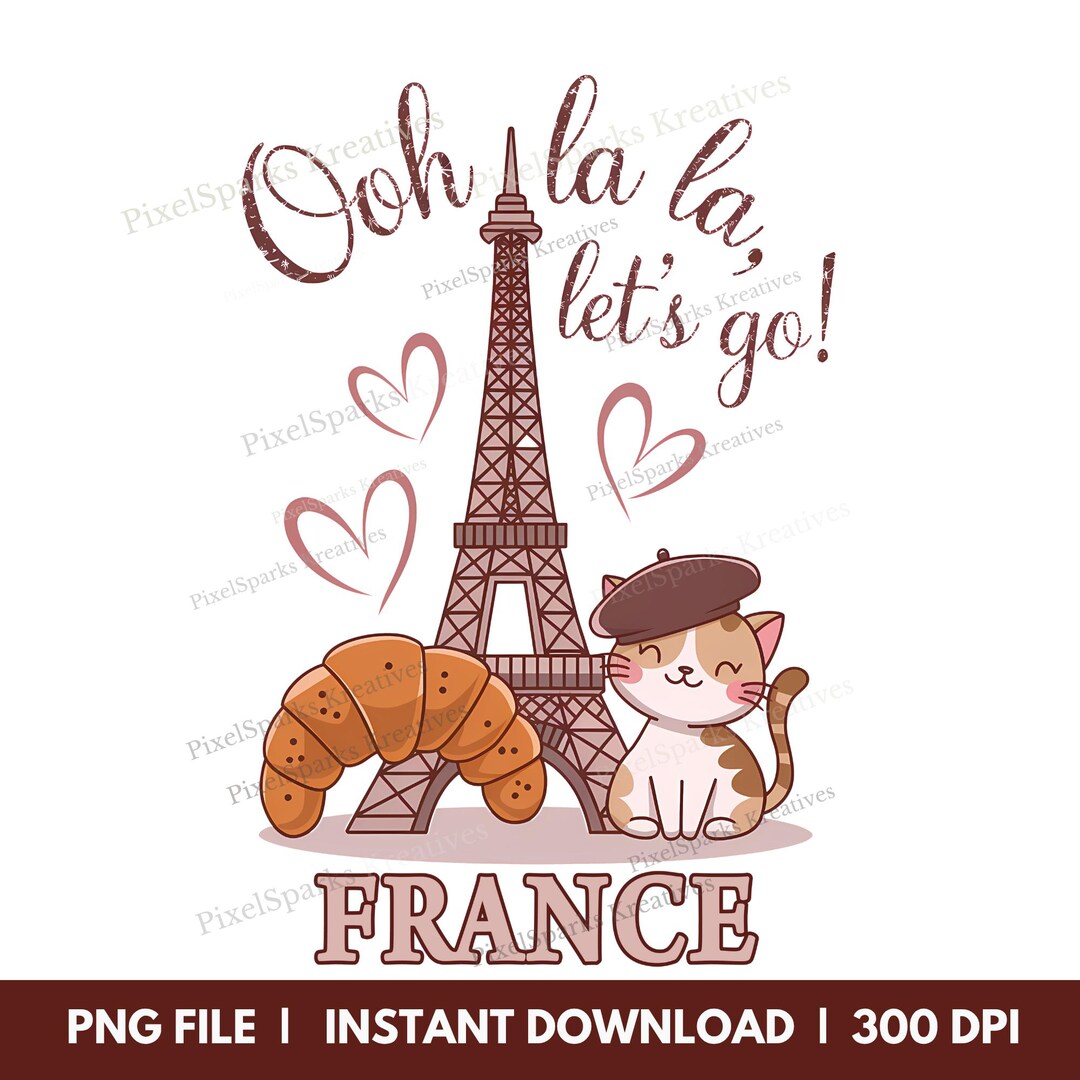 Paris Cat PNG: Kawaii French Kitty With Eiffel Tower (digital Download ...