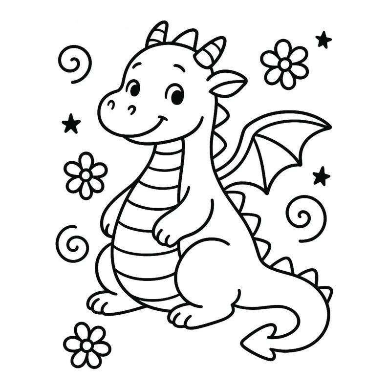 Cute Dragon Coloring Pages for Toddlers, Simple Art (instant PDF ...