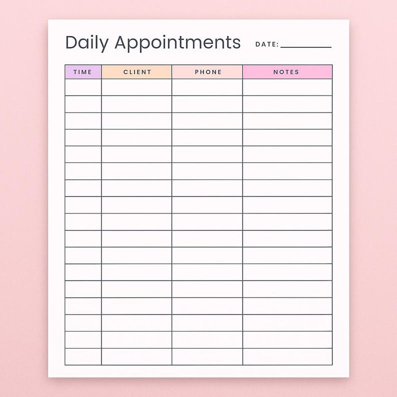 Daily Appointment Planner: Printable Client Booking Log, PDF Download ...