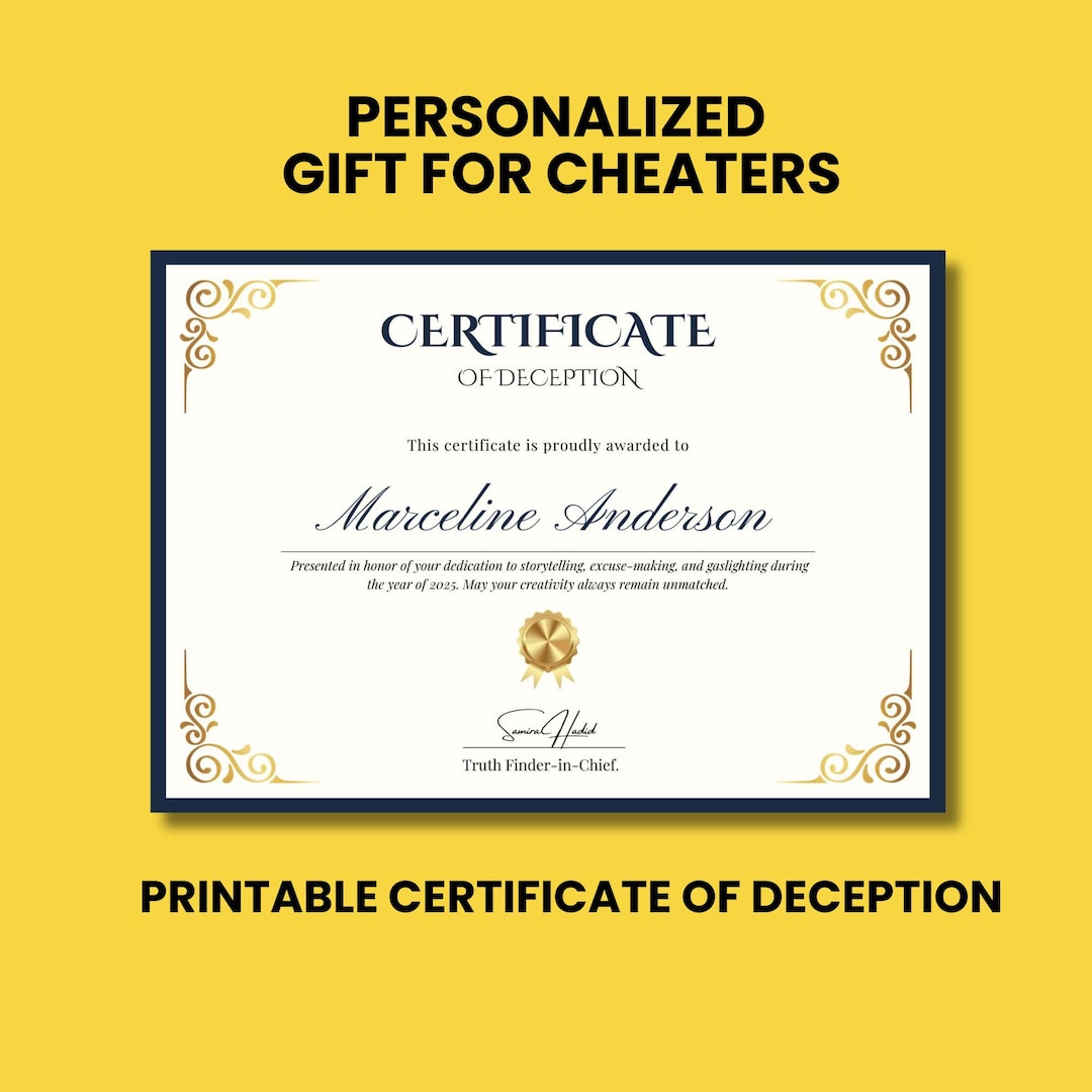 Printable Gift for Cheaters | Personalized Certificate of Deception for Liars | Custom Liar ...