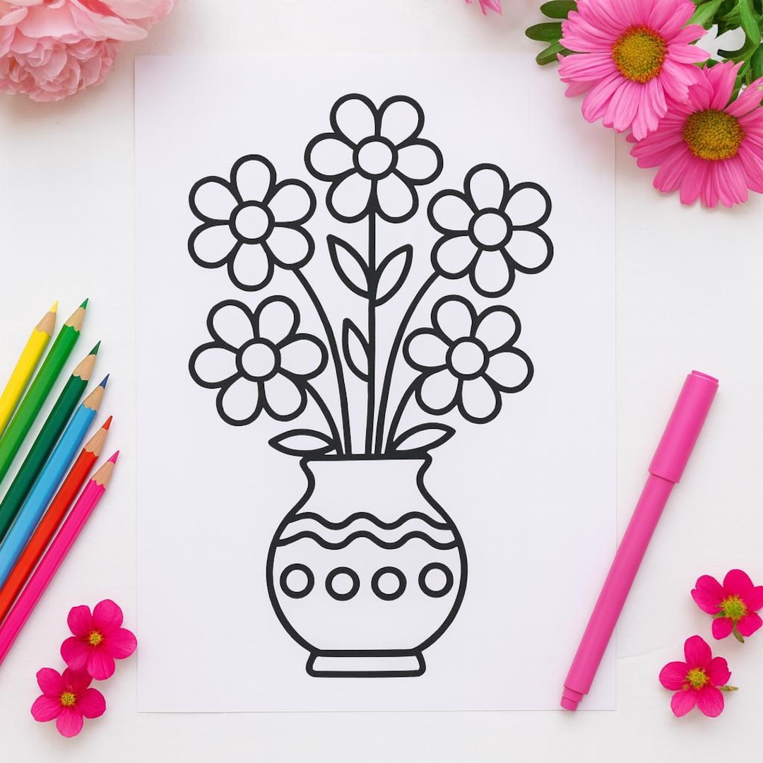 Flowers in Vase Coloring Pages for Kids and Adults: Instant PDF ...