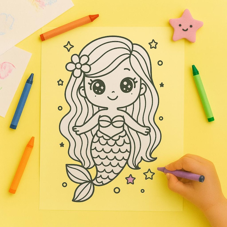 Mermaid Coloring Pages for Toddlers | 10 Kawaii Art Prints (PDF ...