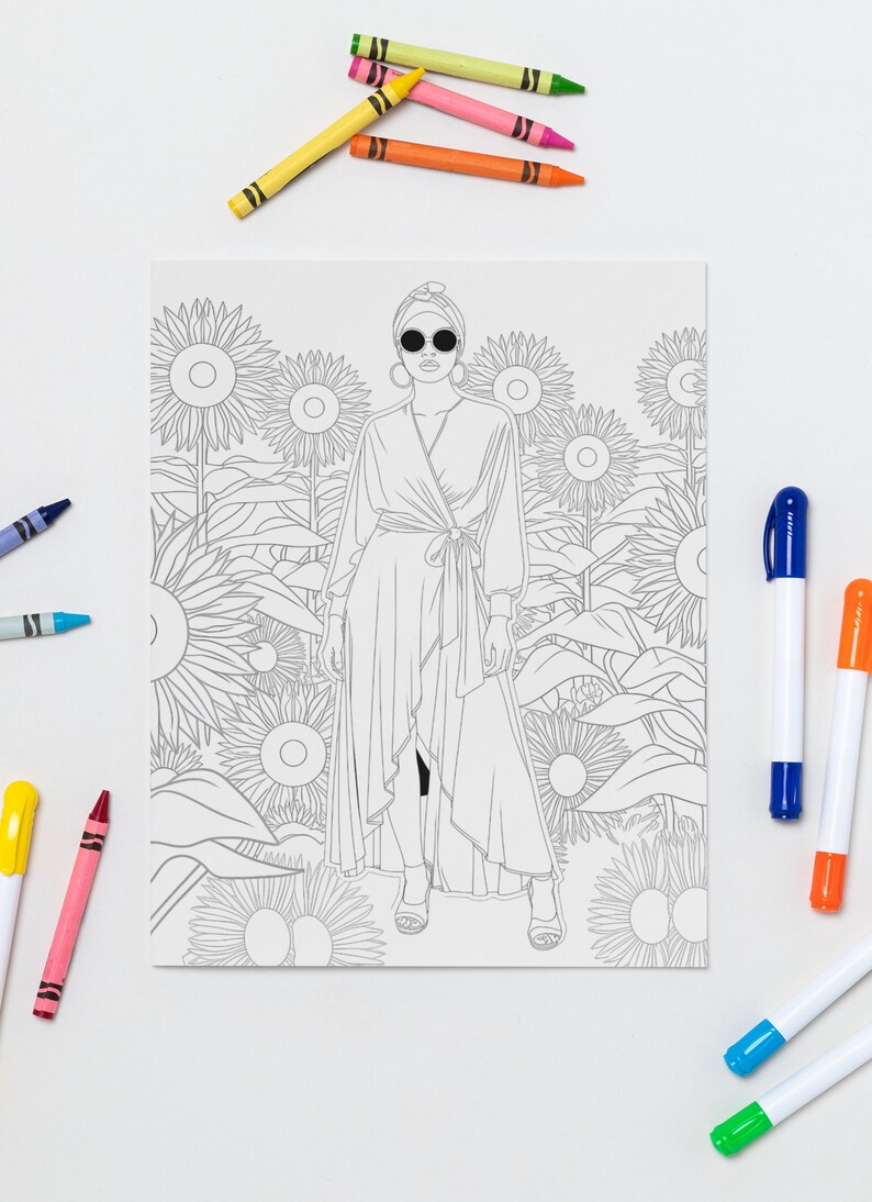 Boho Woman in Sunflower Field Coloring Page Digital Download Bold ...