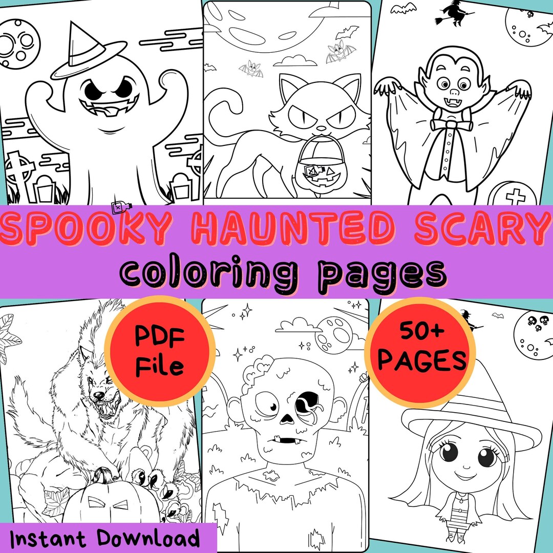 Spooky Haunted Scary Coloring Pages, Skeleton Ghost Zombie Witch Freaky ...
