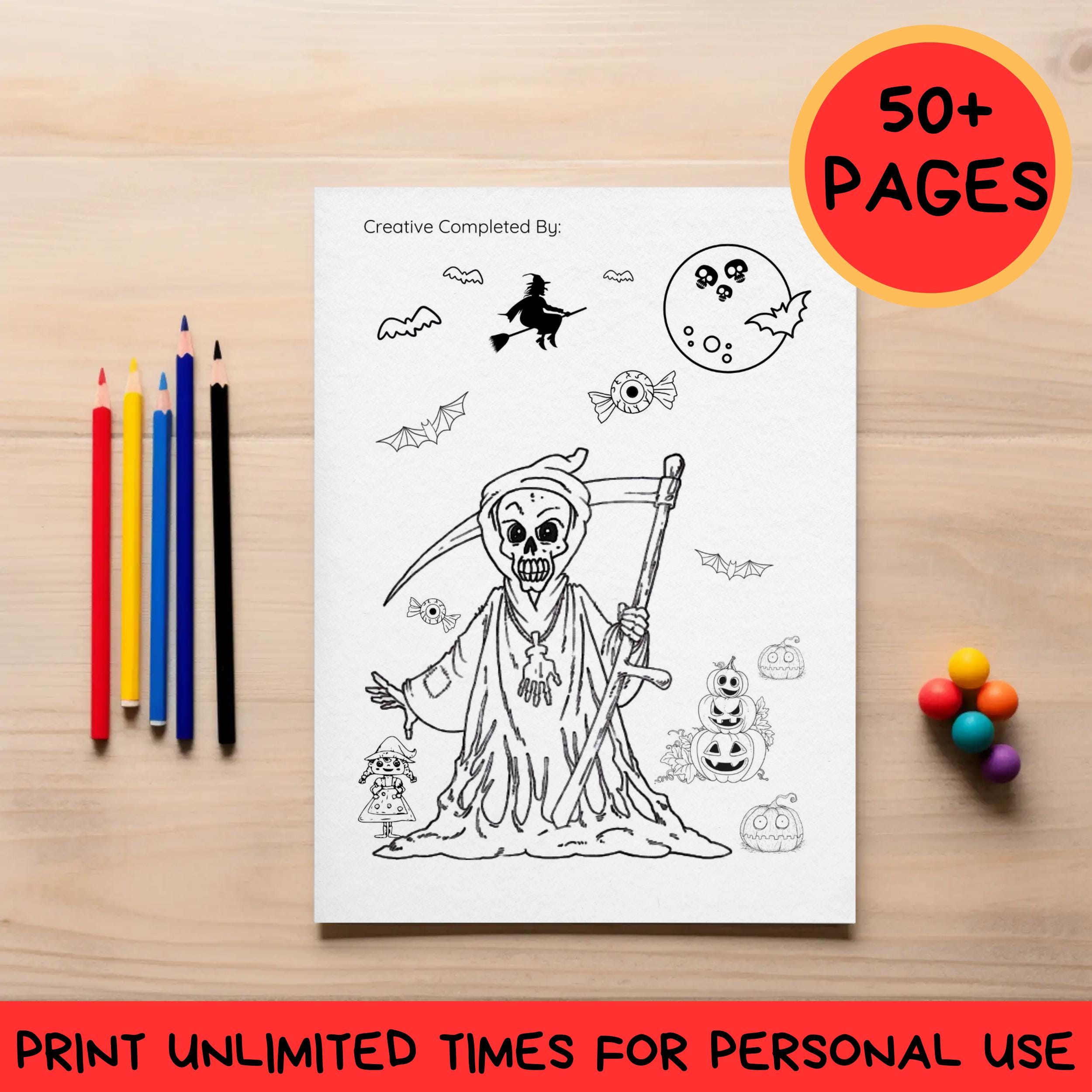 Spooky Haunted Scary Coloring Pages, Skeleton Ghost Zombie Witch Freaky ...