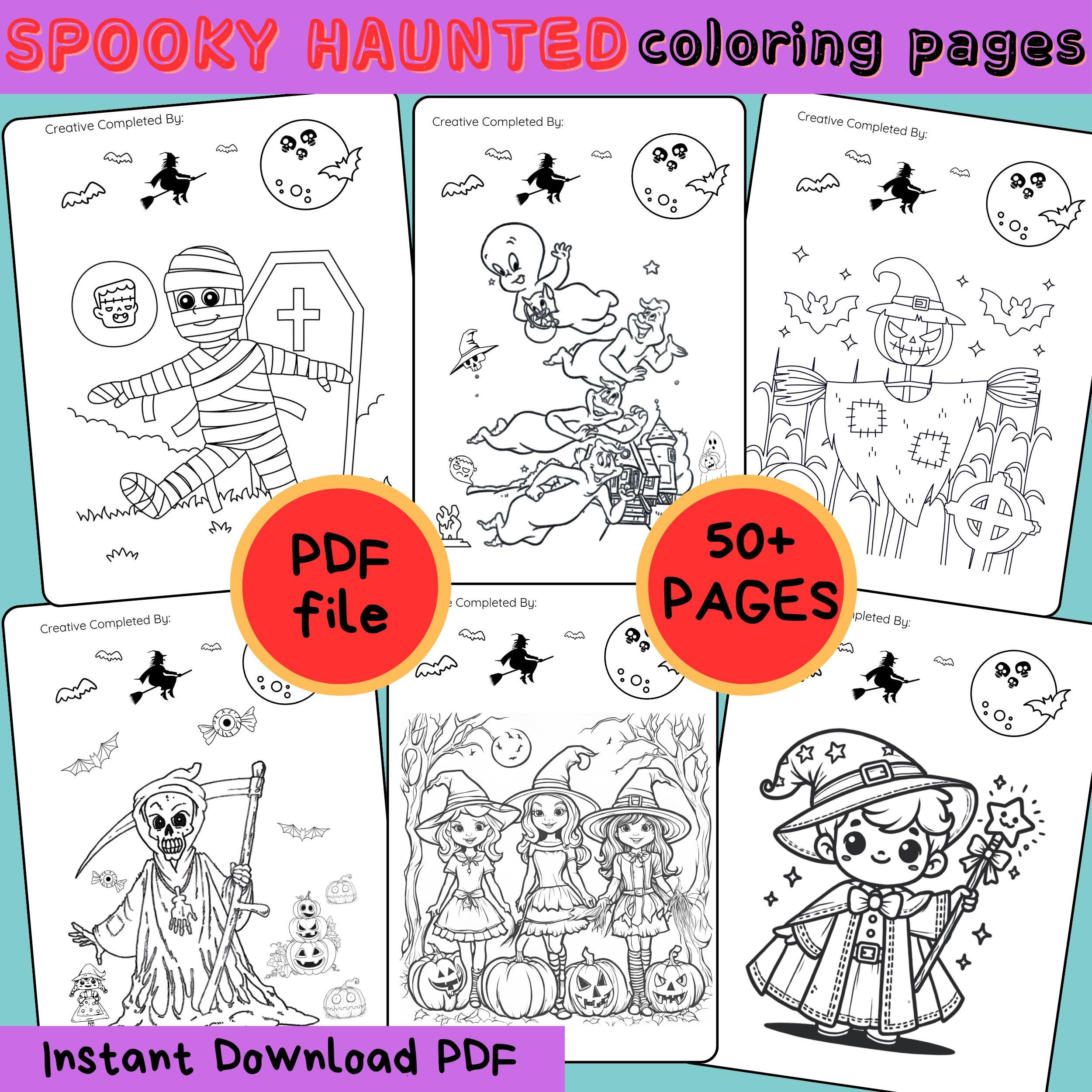 Spooky Haunted Scary Coloring Pages, Skeleton Ghost Zombie Witch Freaky ...
