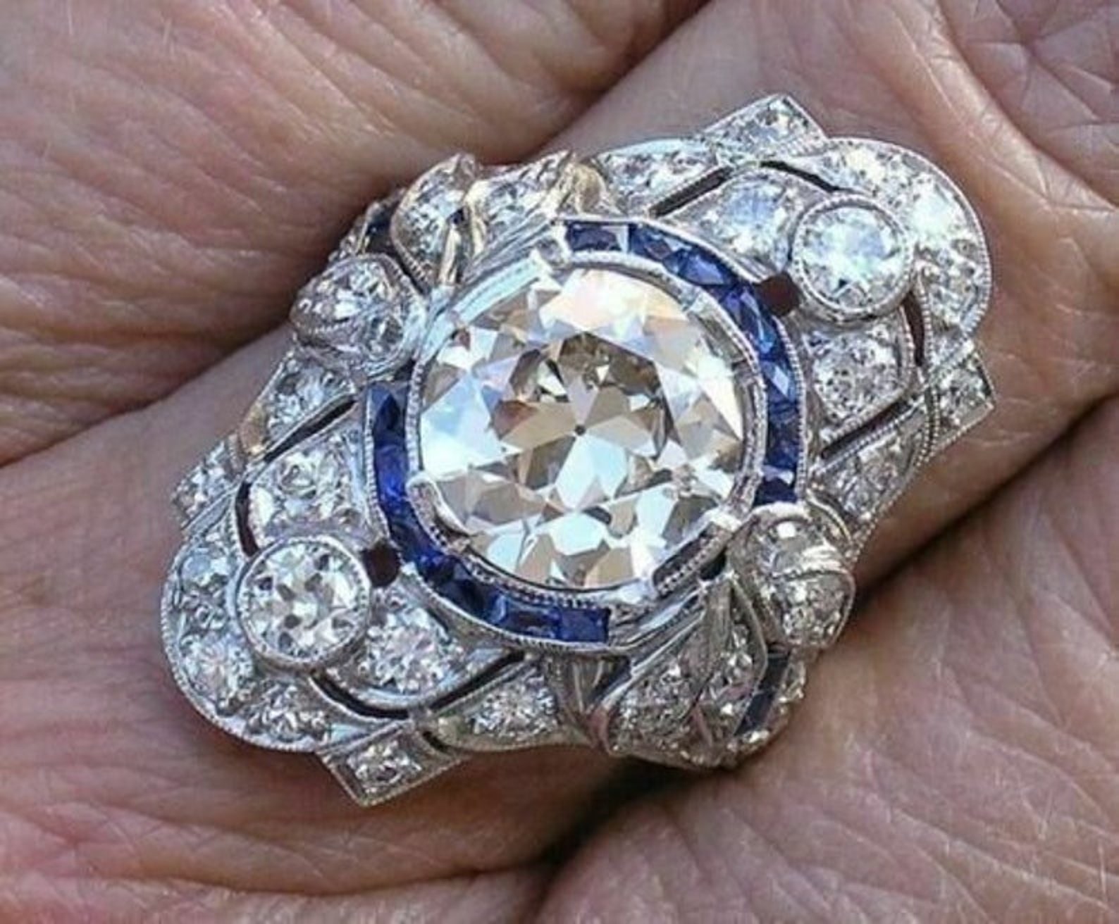 Vintage Ring 1890s Old European Diamond Engagement Ring, Art Deco Blue ...