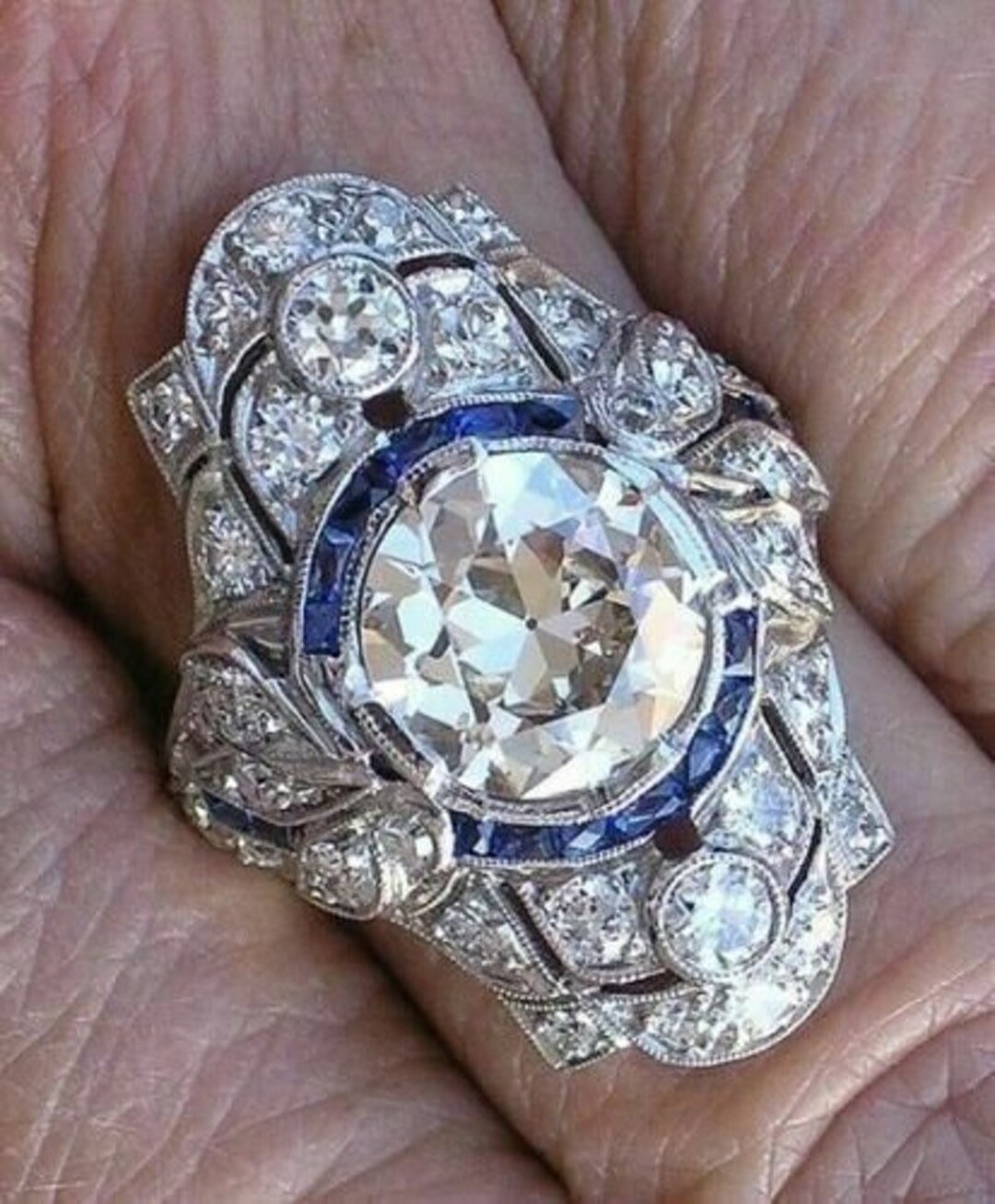 Vintage Ring 1890s Old European Diamond Engagement Ring, Art Deco Blue ...