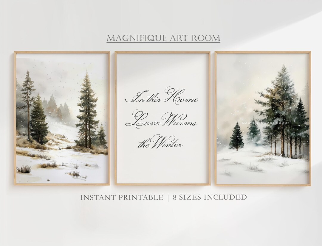 Winter Forest Wall Art Set: Neutral Snowy Landscape Prints, Quote ...