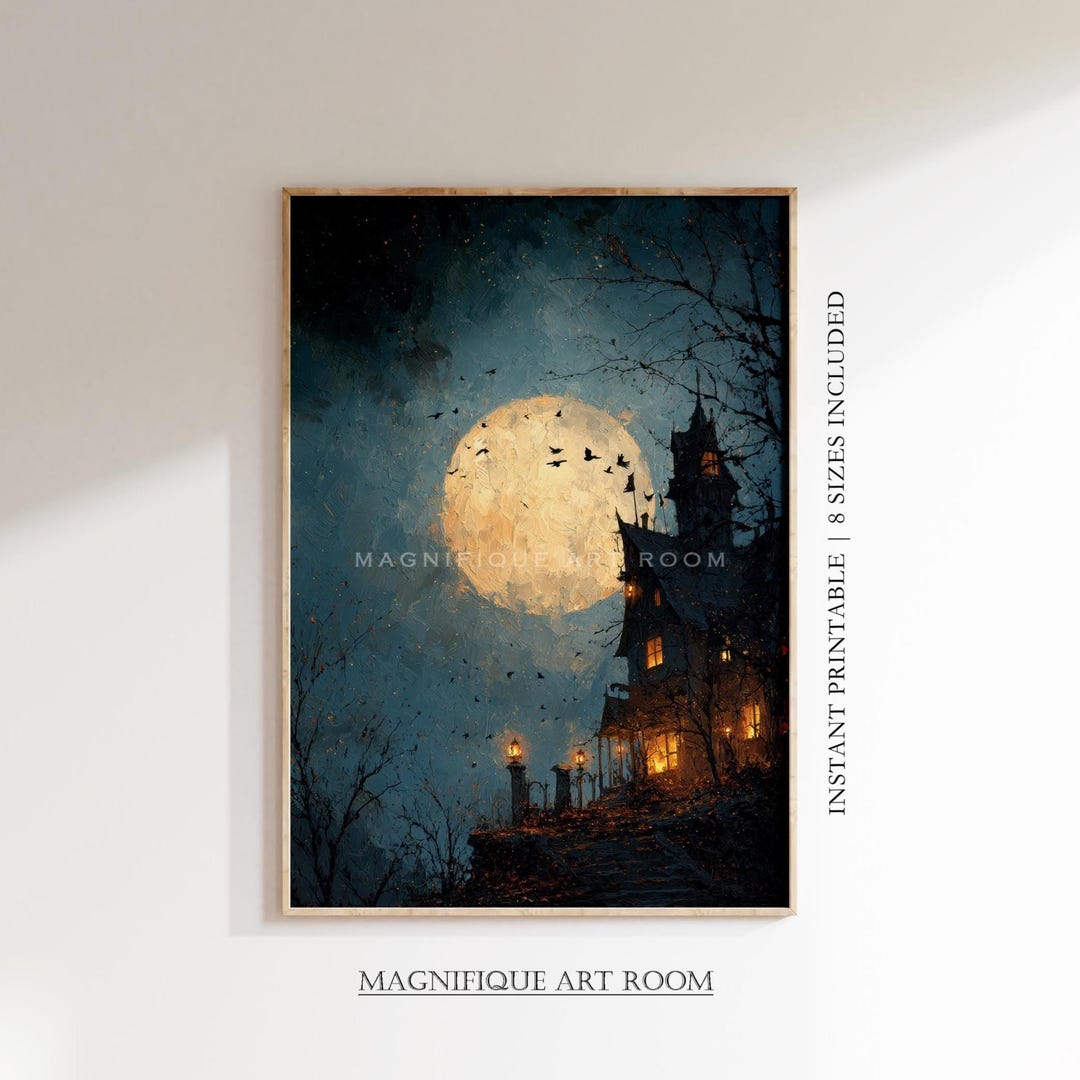 Printable Haunted House Halloween Print | Spooky Full Moon Painting ...