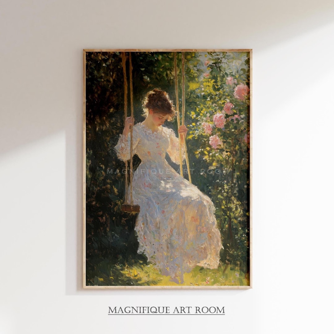 Victorian Swing Girl Art Print, Country Rose Garden Print, Vintage ...