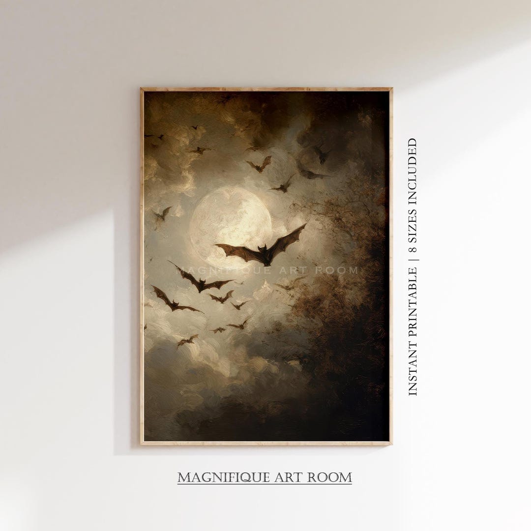 Printable Bat Wall Art Vintage Halloween Print | Fall Cottagecore Moon ...