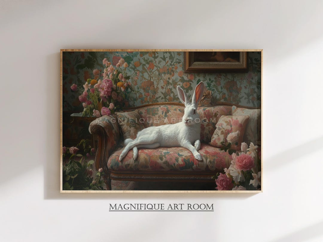 Moody Vintage Easter Bunny Prints, Cute Rabbit on Vintage Sofa, Easter ...