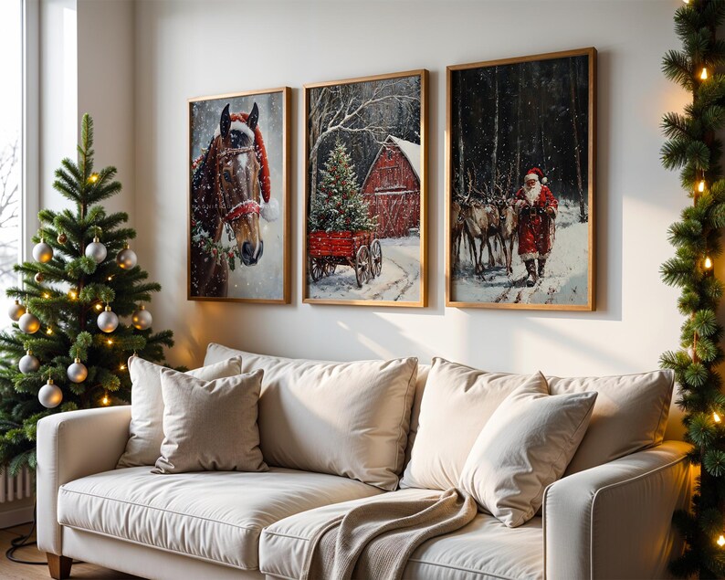 Printable Vintage Christmas Wall Art Set: Rustic Horse, Barn, Mistletoe ...