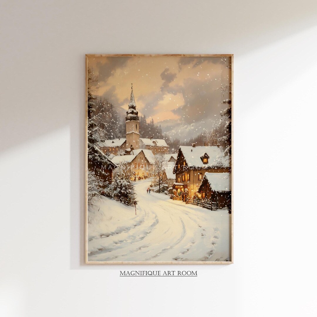 Vintage Christmas Village Print, Holiday Wall Art PRINTABLE Digital ...