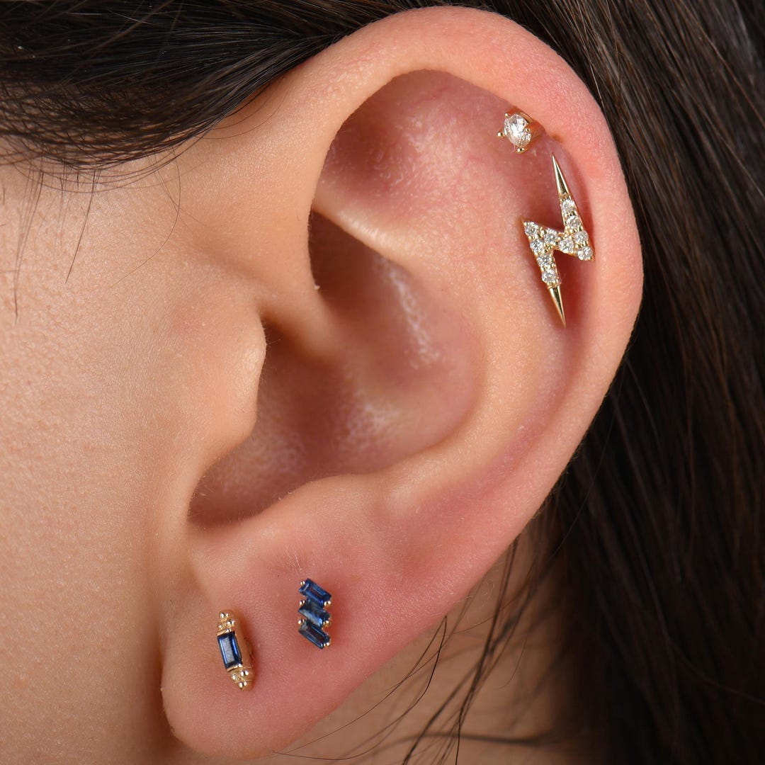 18k/14k Solid Gold Lightning Diamond Tragus Piercing | Natural Diamond ...