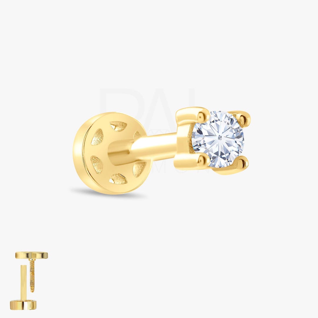 18k Diamond Solitaire Tragus Piercing, 14k Solid Gold Tragus Earring ...