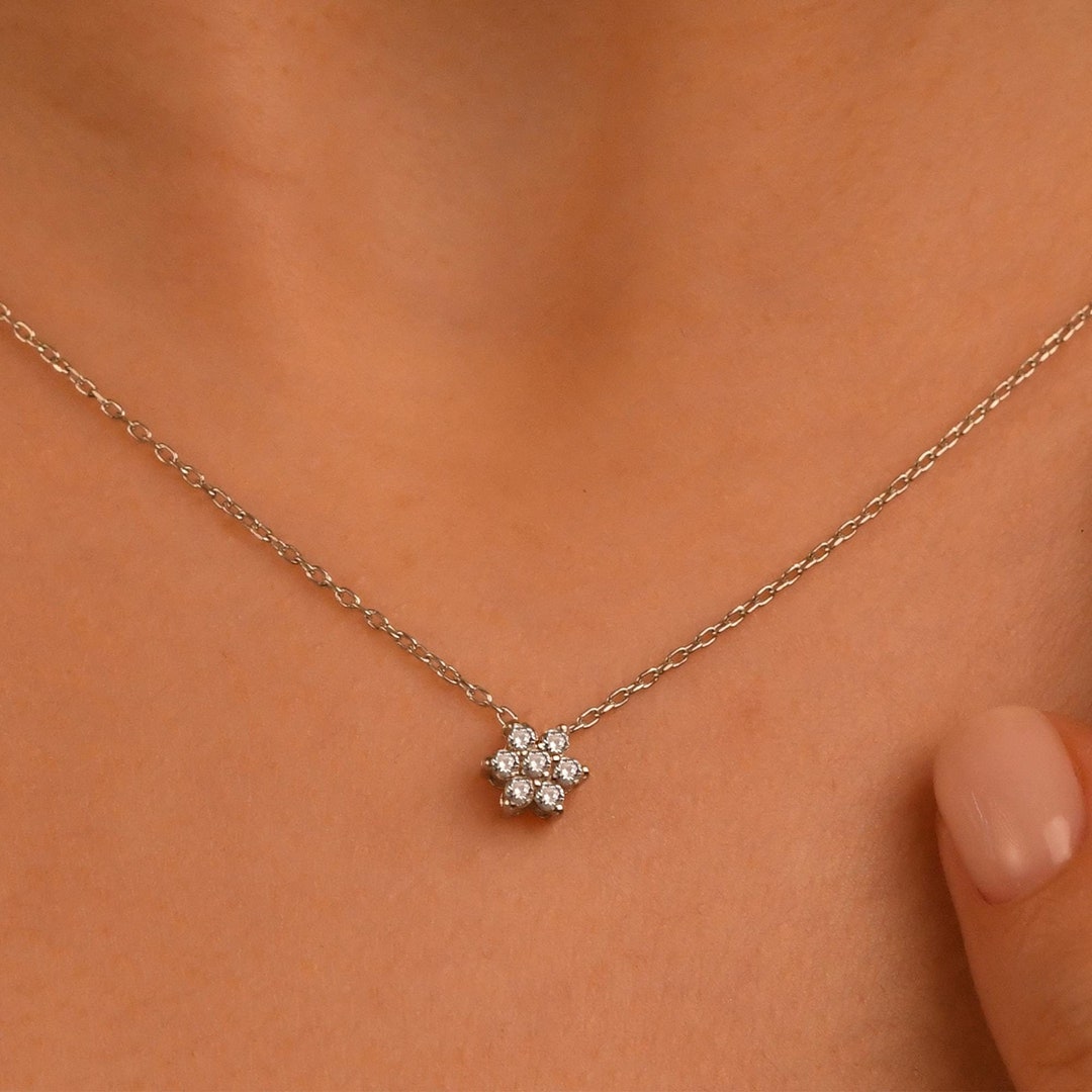 18k Diamond Flower Necklace, 14k Solid Gold Natural Diamond Flower ...