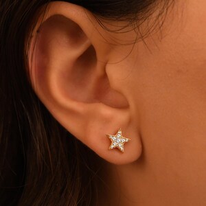 18k Solid Gold Diamond Star Earrings, 14k Solid Gold Mini Star Stud Earrings, Mini Gold Star ...