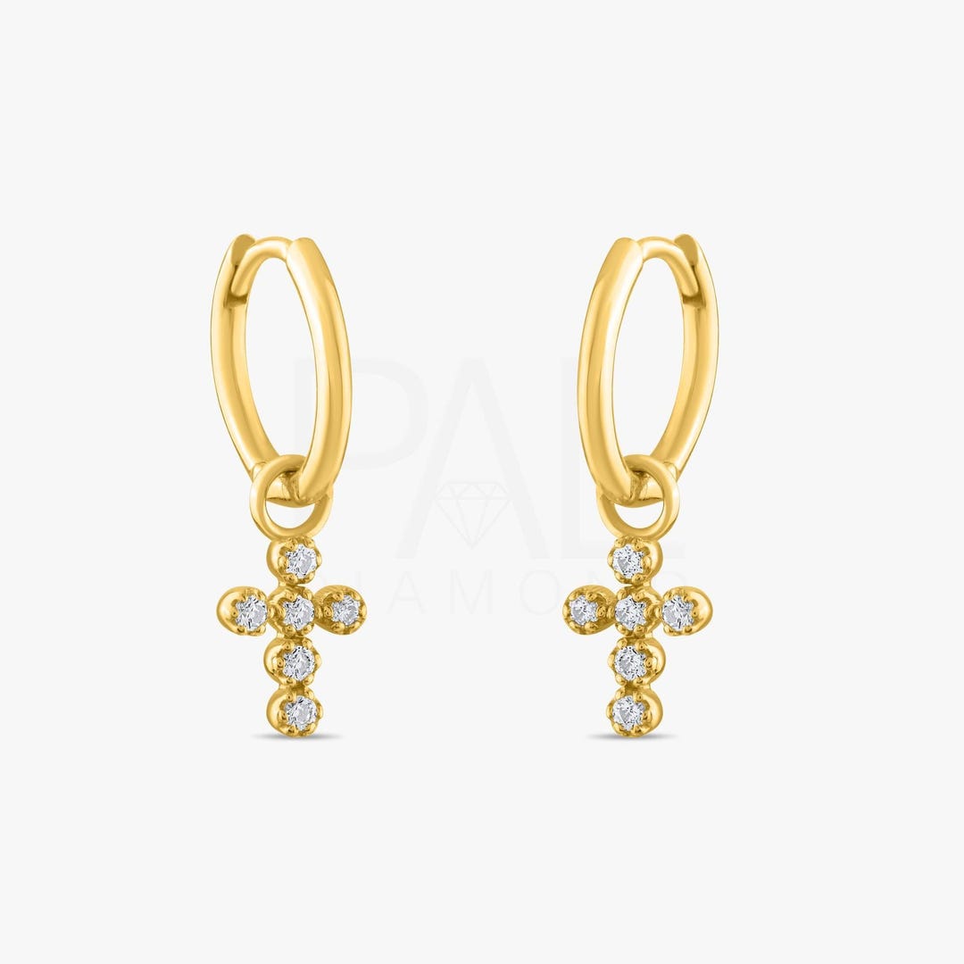 18k Diamond Cross Earrings, 14k Solid Gold Diamond Hoop Cross Earrings ...