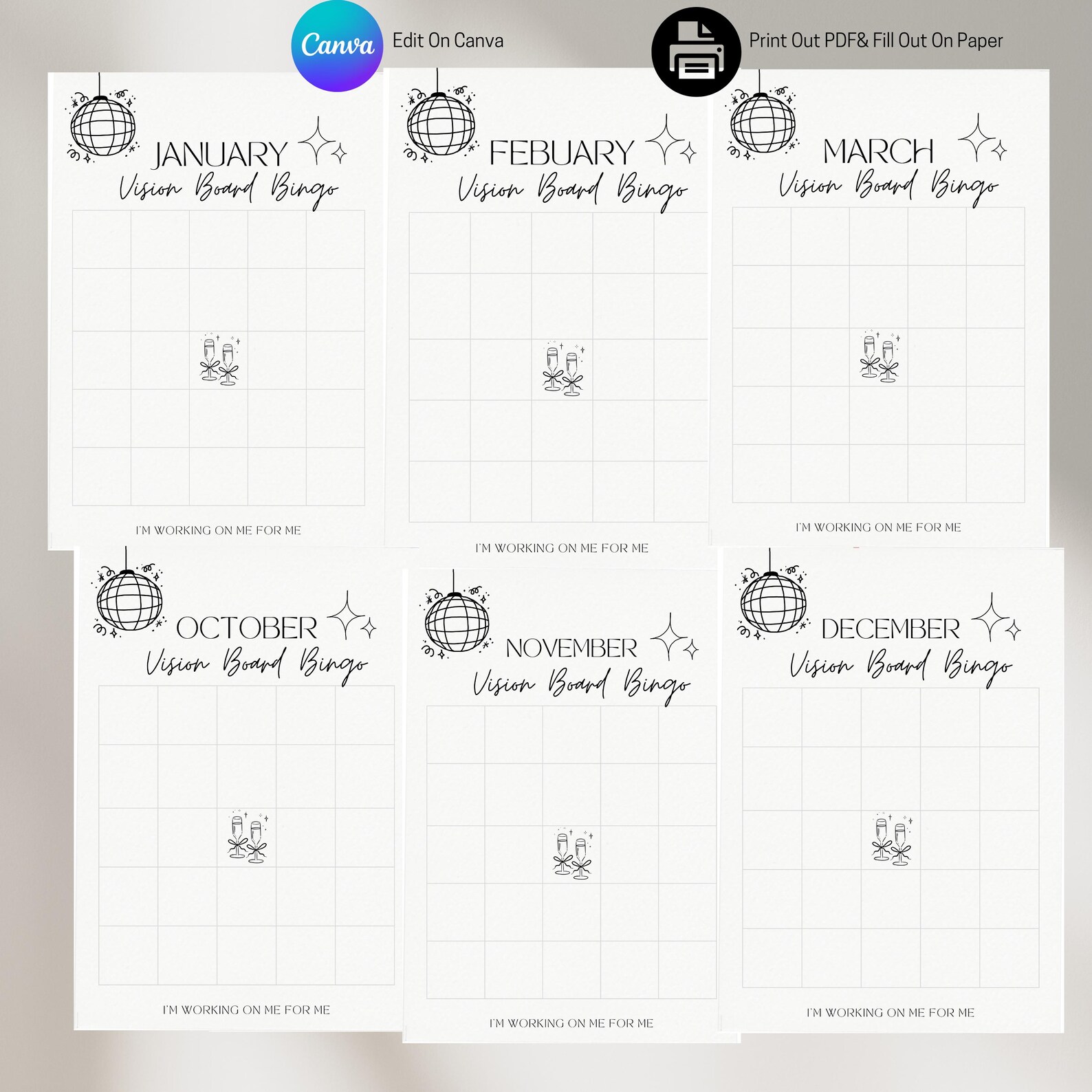Monthly Vision Board Bingo | 12 Editable Canva Templates | Blank PDF ...