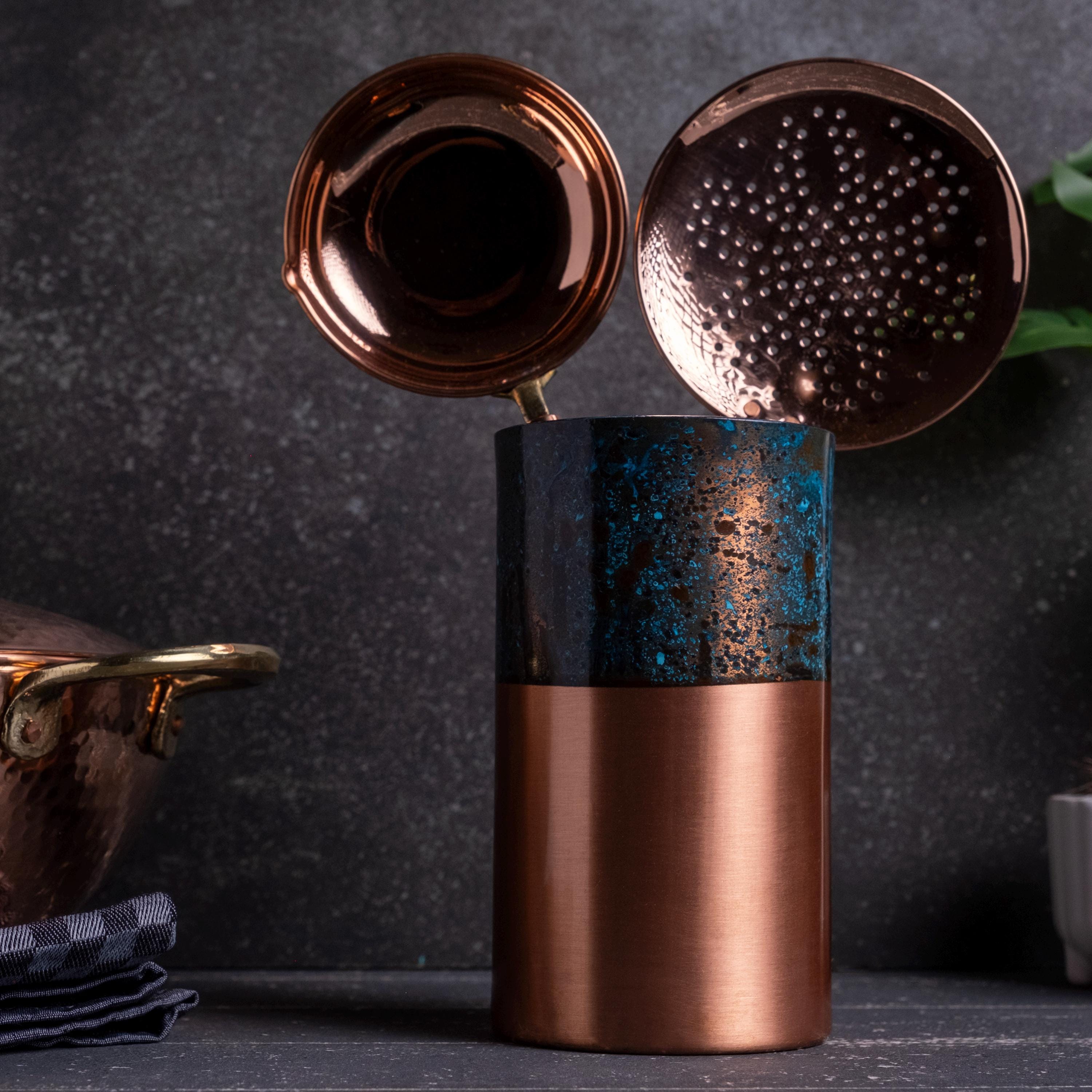 Verdigris Patina Copper Utensil Holder – Handcrafted Solid Copper ...