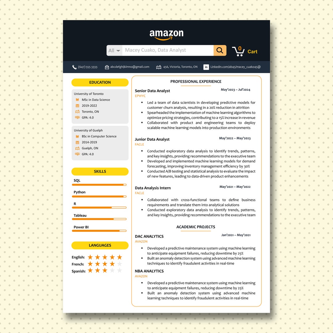 Amazon Theme Resume 2024 | Data Analyst Resume and Cover Letter ...