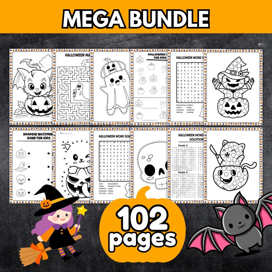 Halloween Party Games for Kids, Worksheet Bundle 100 Pages, Word Search ...