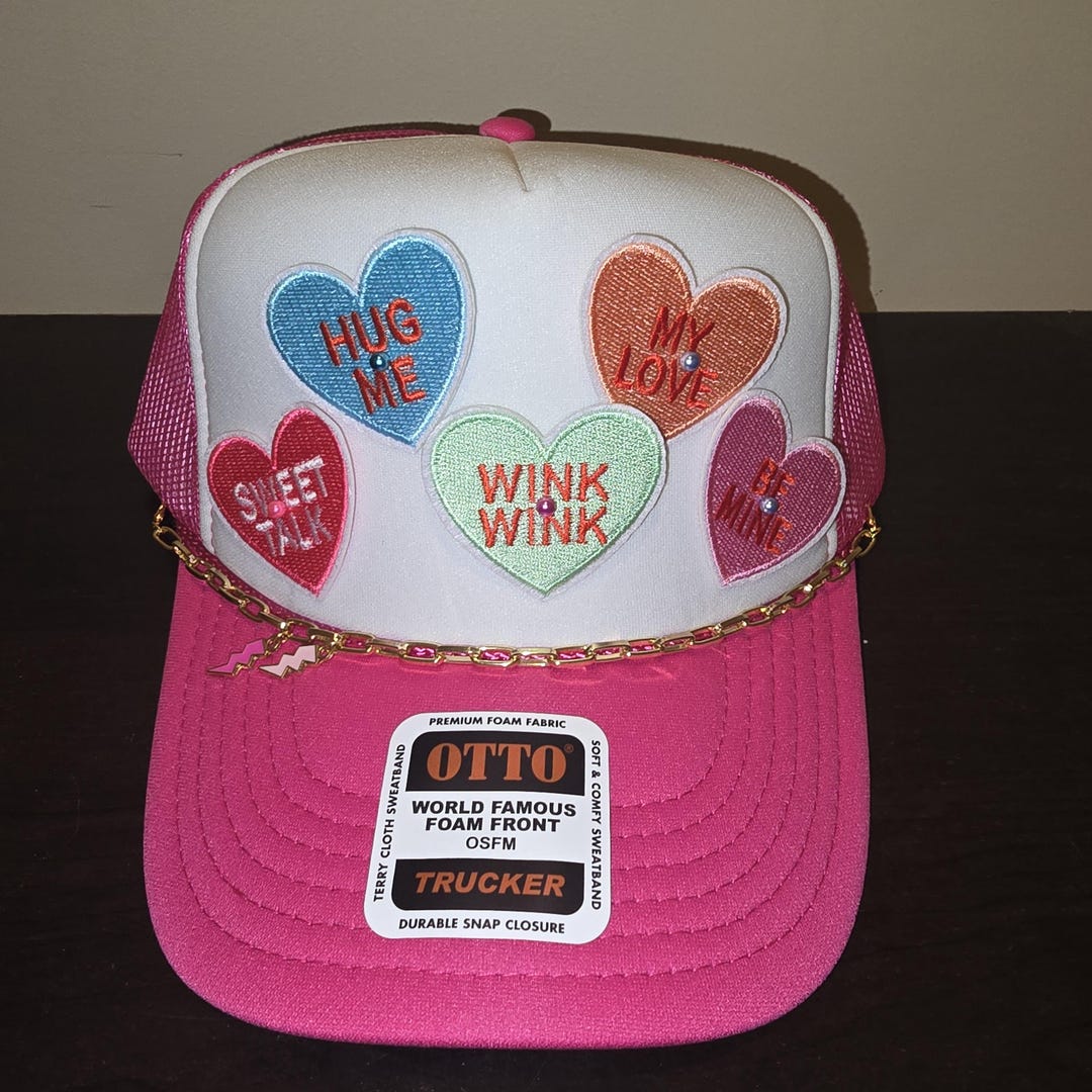 Valentine's Day Trucker Hat, Cute Pink Conversation Hearts Trucker Cap ...