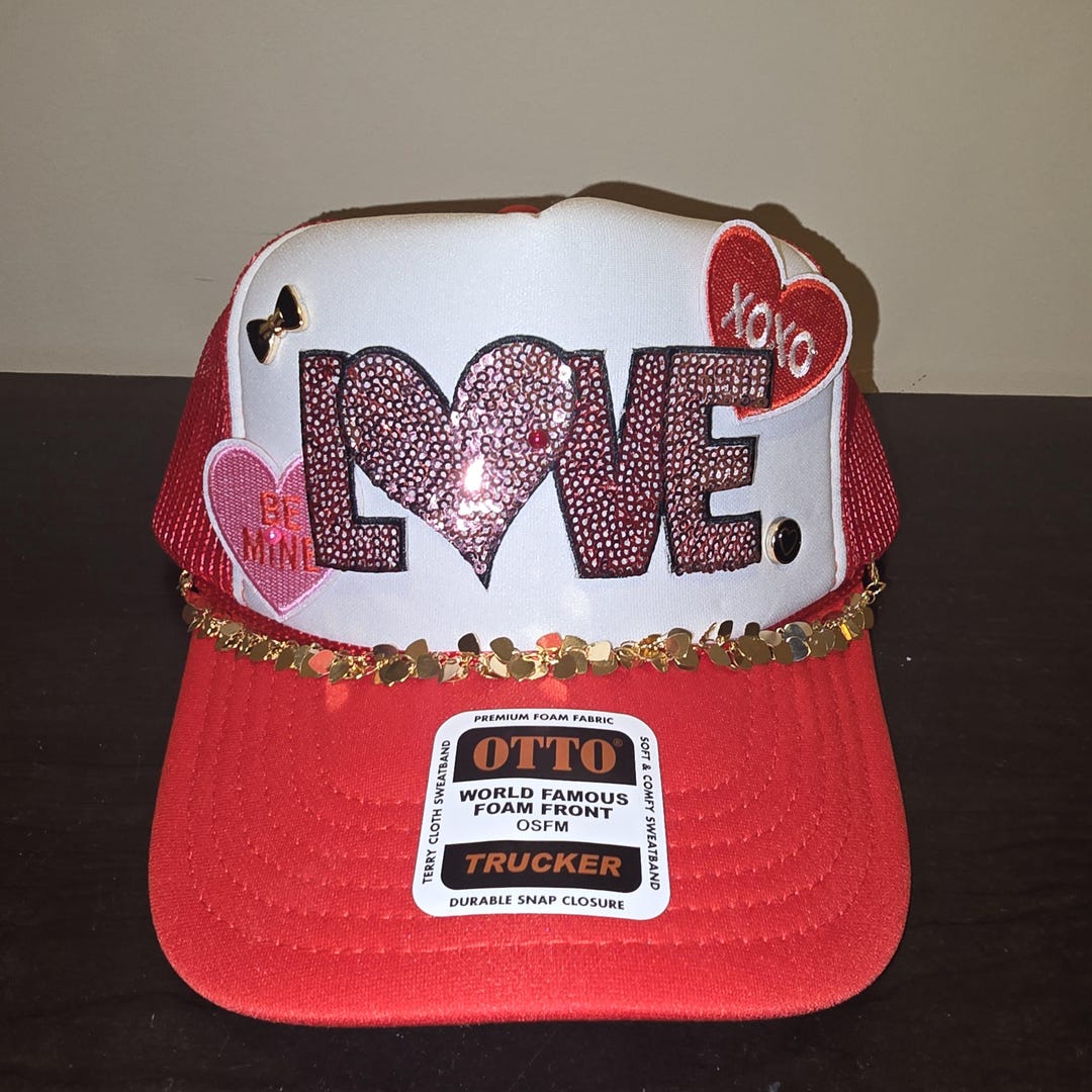 Valentine's Day Love Trucker Hat, Cute Pink Conversation Hearts Trucker ...